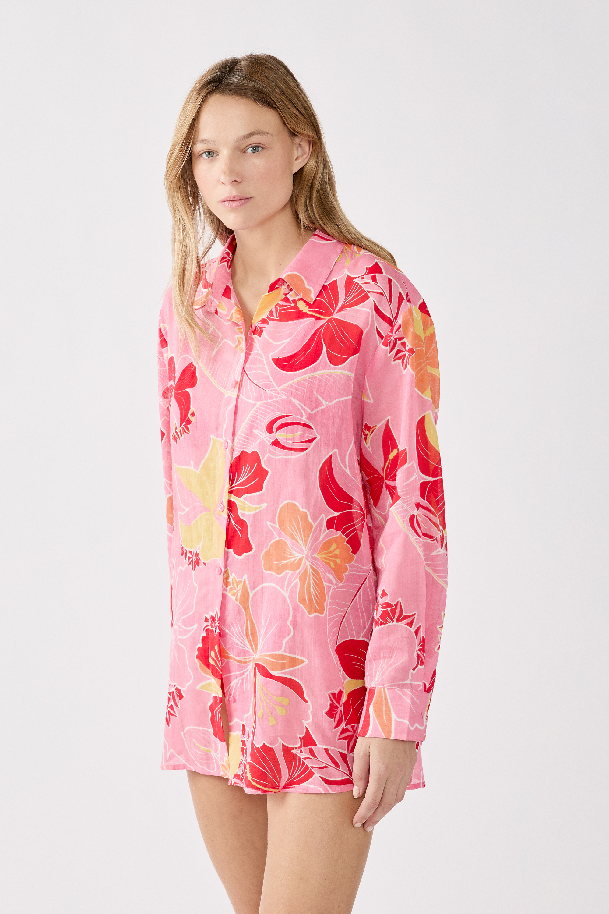 Camiseta de playa de flores HIBISCUS B IMP FOND ROSE - ETAM