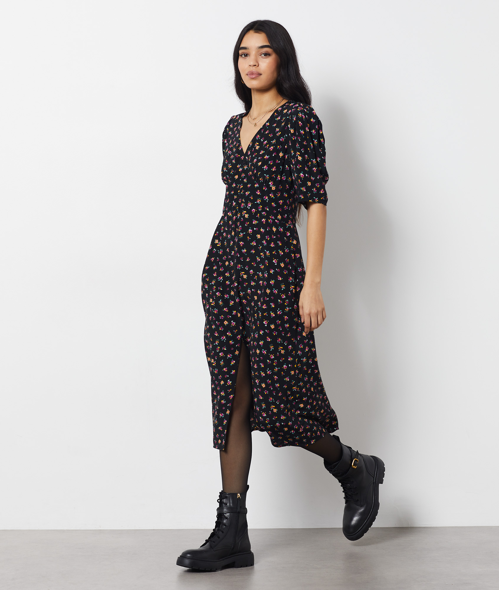 Vestido largo de flores con manga corta ROMA IMP MULTICOLORE - ETAM